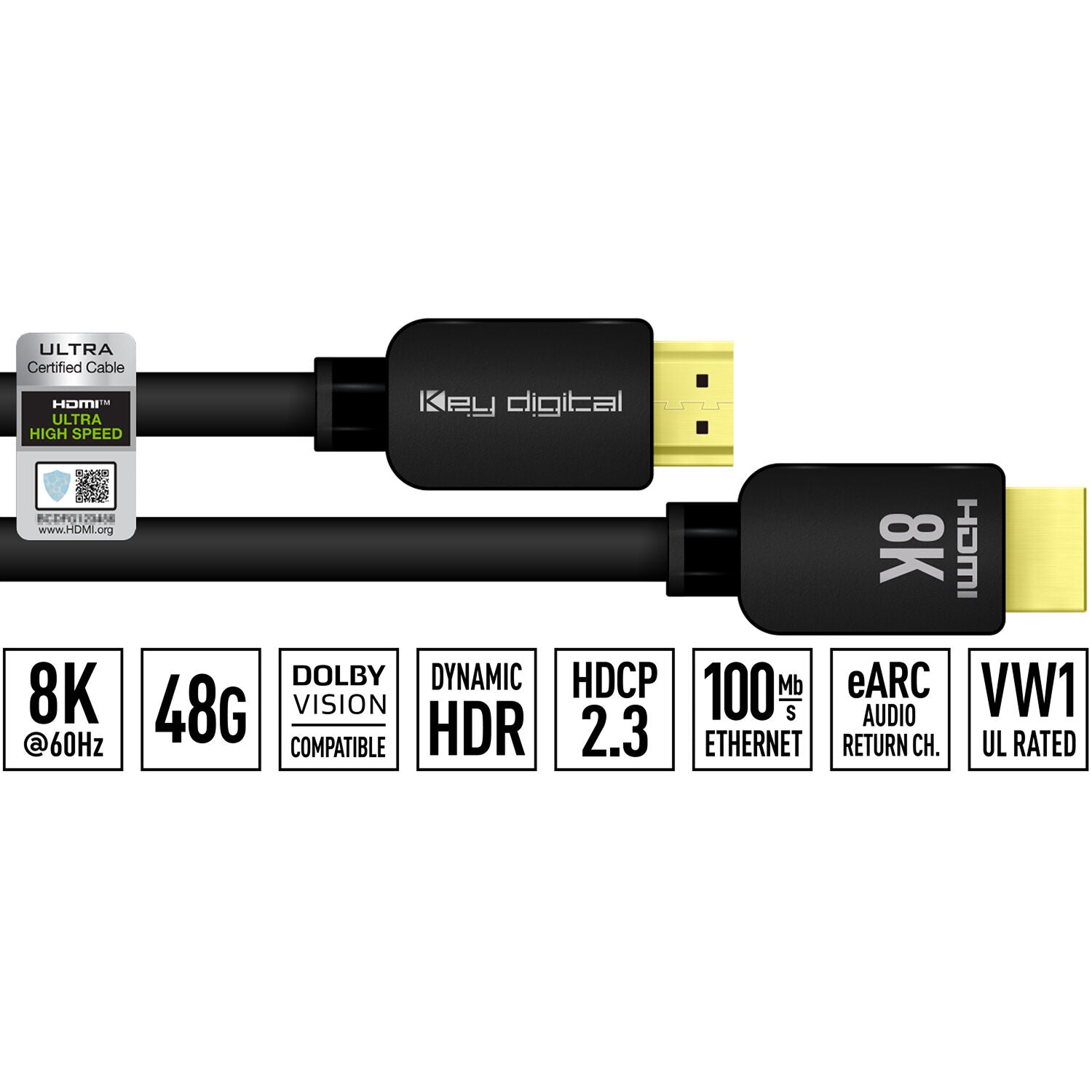 Key Digital 8K/48G HDMI Cable with HDCP2.3, eARC, 30 AWG - 10ft/3m